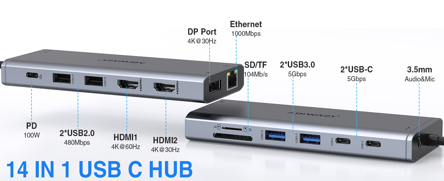 USB C Docking Station Dual Monitor 14 in 1 Triple Display USB C Hub Mu – ABIWAZY